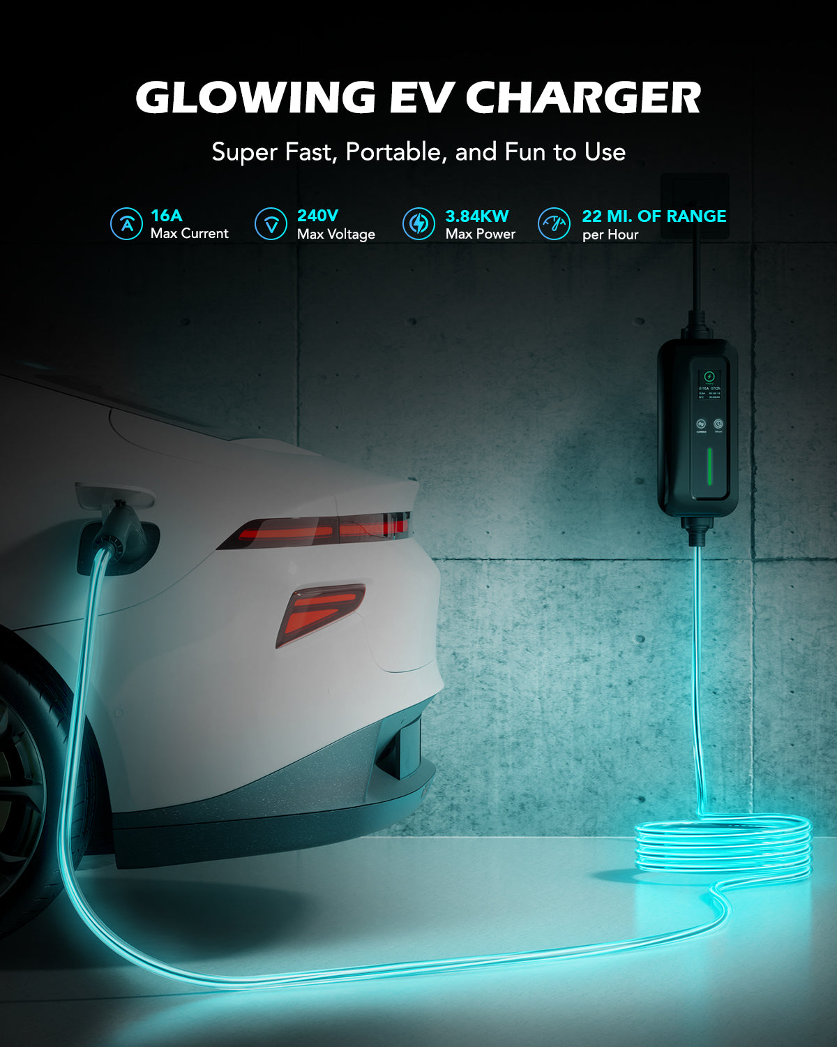 Level 2 & 1 Portable EV Charger with Glowing Cable 6-16A 25FT - OMT – OrionMotorTech