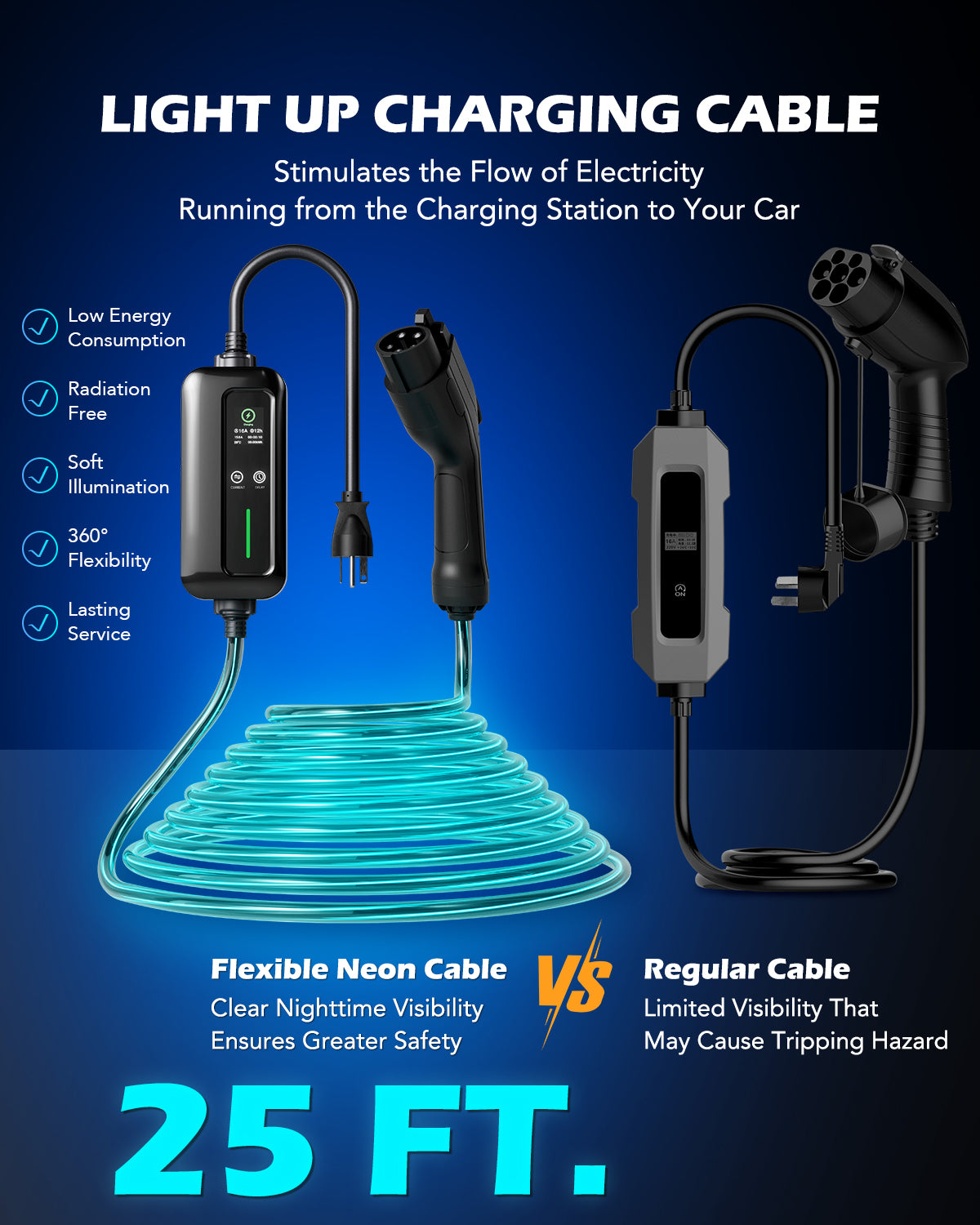 Level 2 & 1 Portable EV Charger with Glowing Cable 6-16A 25FT - OMT ...