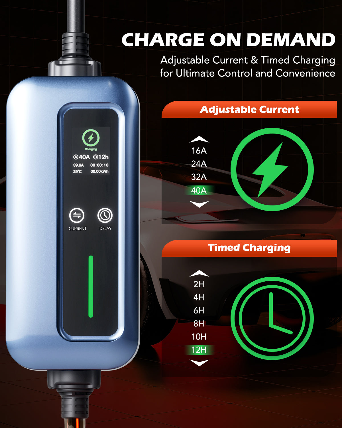 Level 2 & 1 Portable EV Charger with Glowing Cable 16-40A 25FT - OMT – OrionMotorTech