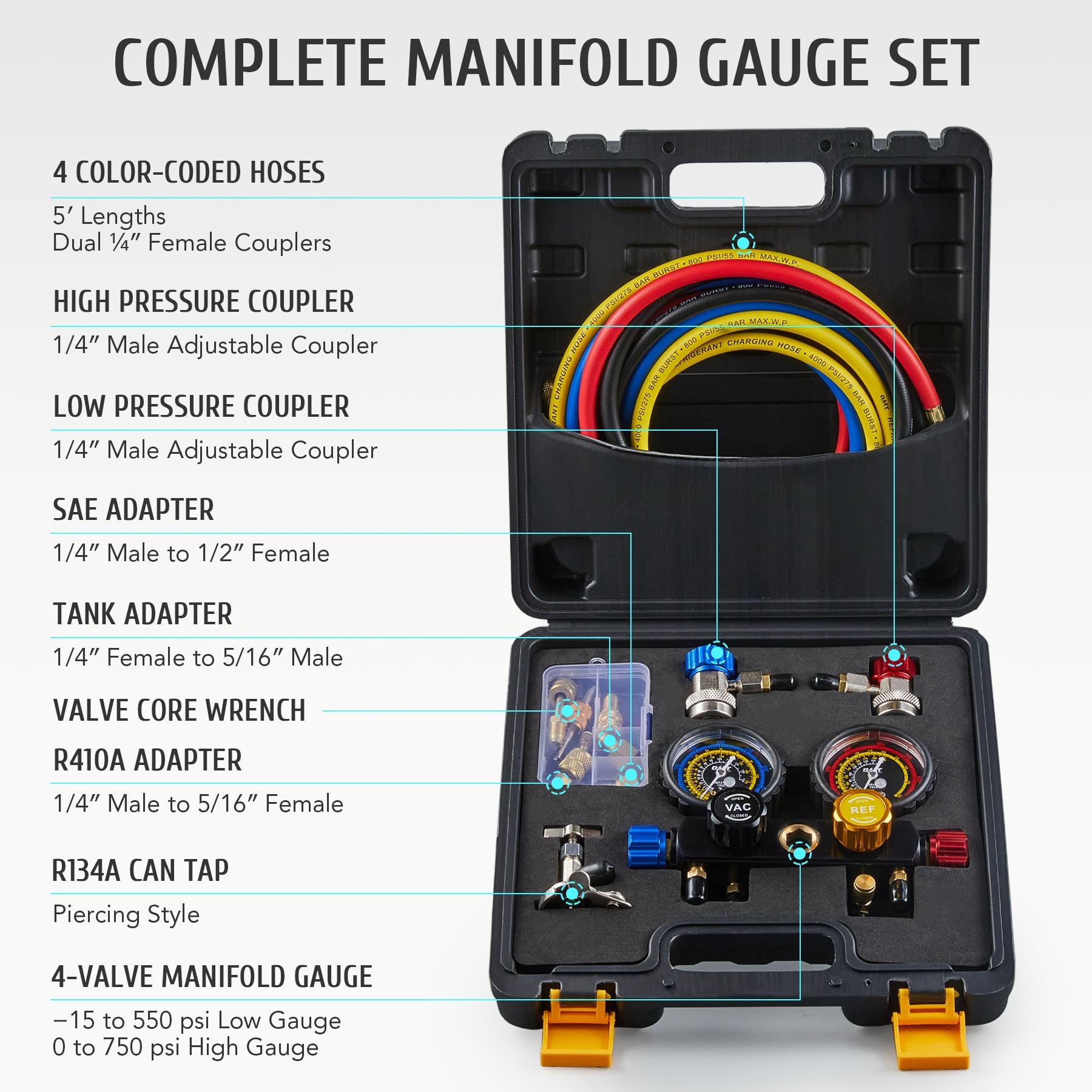 AC Manifold Gauge Set,4 Way Automotive AC Tool Kit - Orion Motor Tech ...